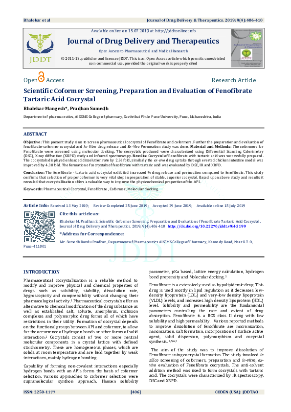 (PDF) Scientific Coformer Screening, Preparation and Evaluation of ...