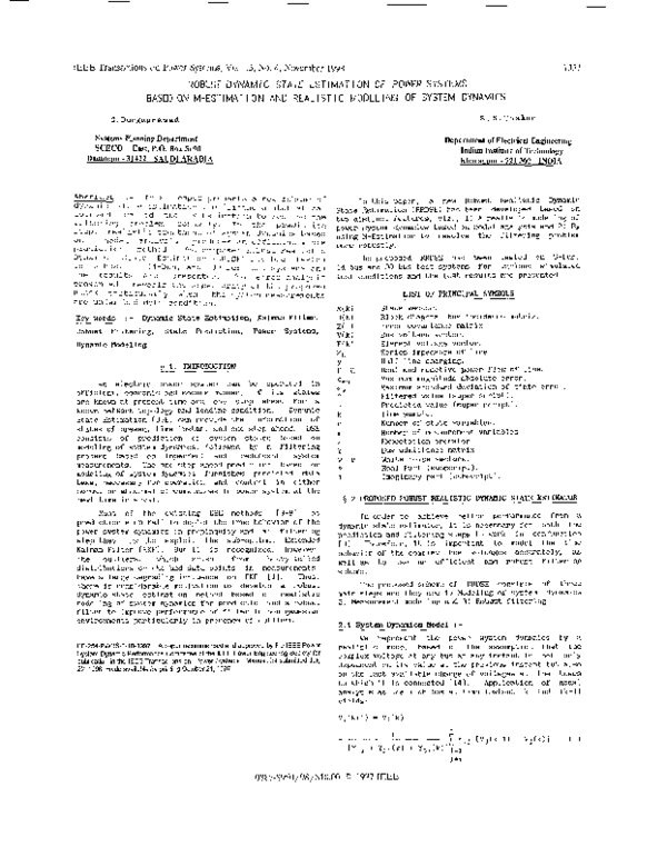 Pdf Robust Dynamic State Estimation Of Power Systems Based On M