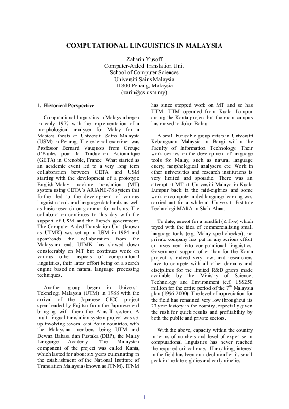 (PDF) Computational linguistics in Malaysia