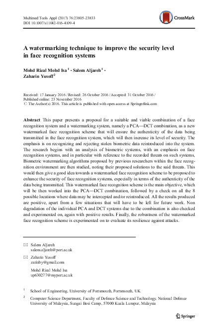 (PDF) A watermarking technique to improve the security level in face recognition systems
