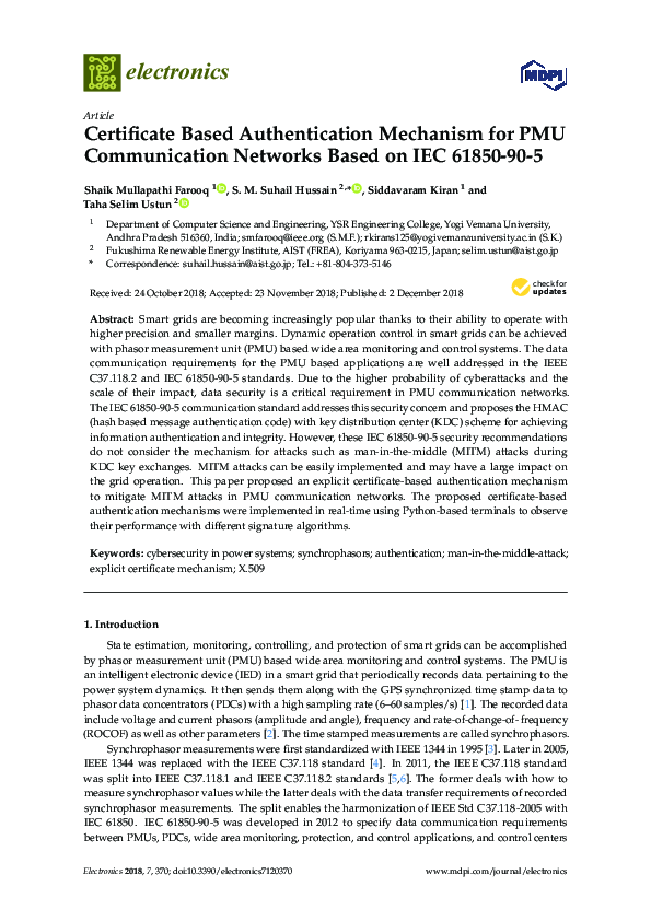 (PDF) Certificate Based Authentication Mechanism for PMU Communication Networks Based on IEC ...