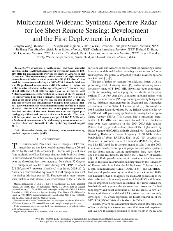 (PDF) Multichannel Wideband Synthetic Aperture Radar for Ice Sheet Remote Sensing: Development ...