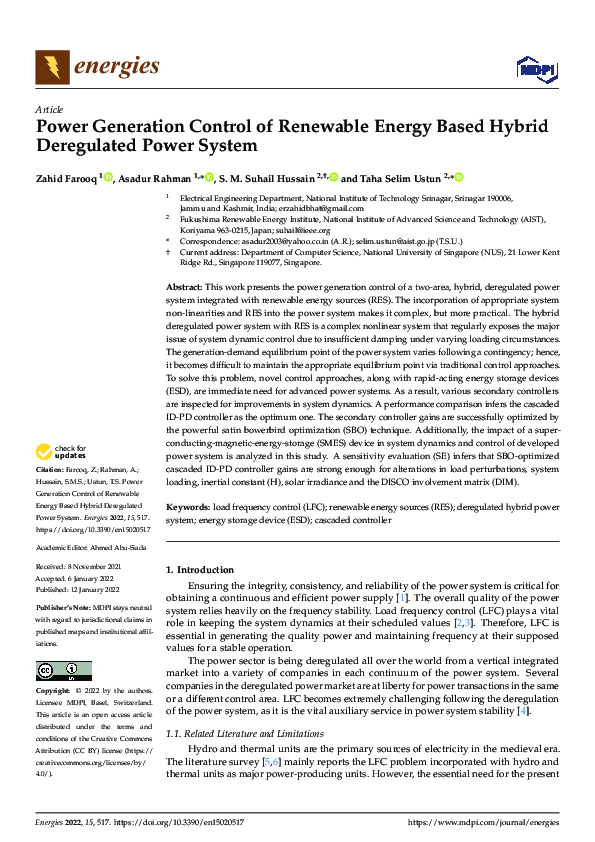 Pdf Power Generation Control Of Renewable Energy Based Hybrid Deregulated Power System