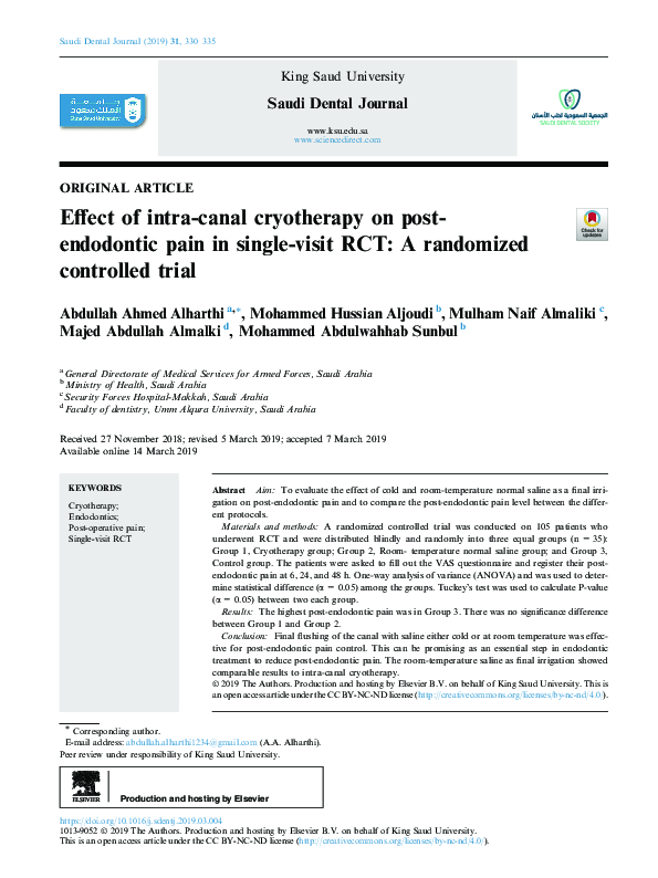 (PDF) Effect of intra-canal cryotherapy on post-endodontic pain in ...