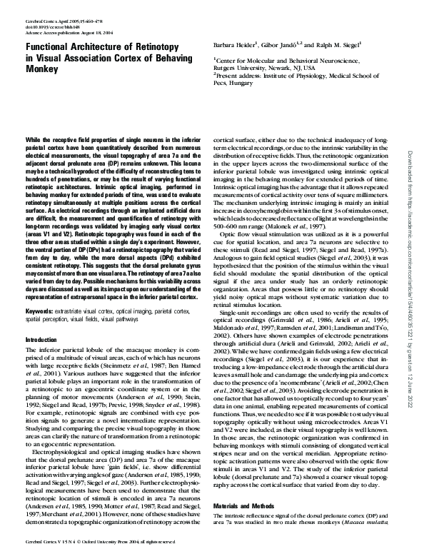(PDF) Functional Architecture of Retinotopy in Visual Association Cortex of Behaving Monkey