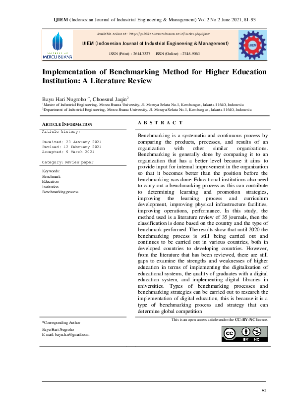 (PDF) Implementation of Benchmarking Method for Higher Education Institution: A Literature Review