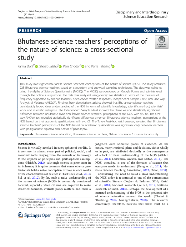(PDF) Bhutanese science teachers’ perceptions of the nature of science: a cross-sectional study