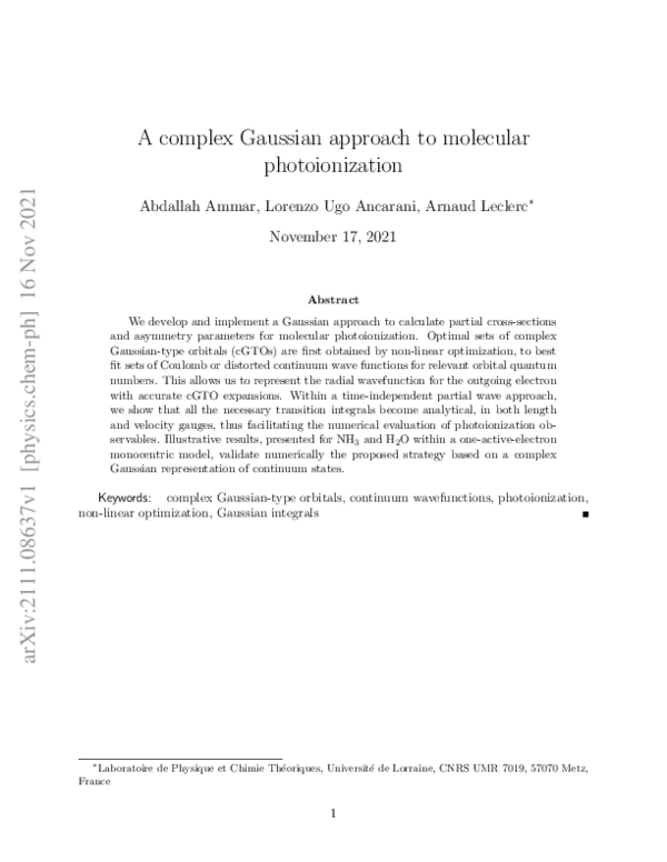 (PDF) A complex Gaussian approach to molecular photoionization