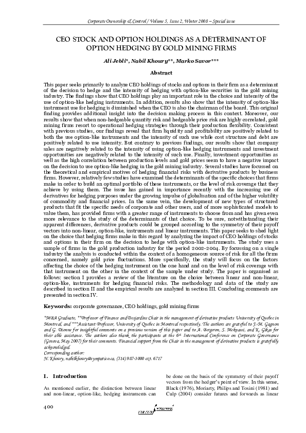 (PDF) CEO Stock and Option Holdings as a Determinant of Option Hedging ...