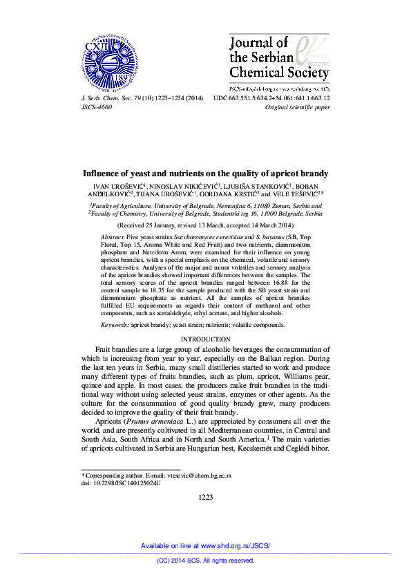 (PDF) Yeast and Nutrient Effects on Apricot Brandy Quality