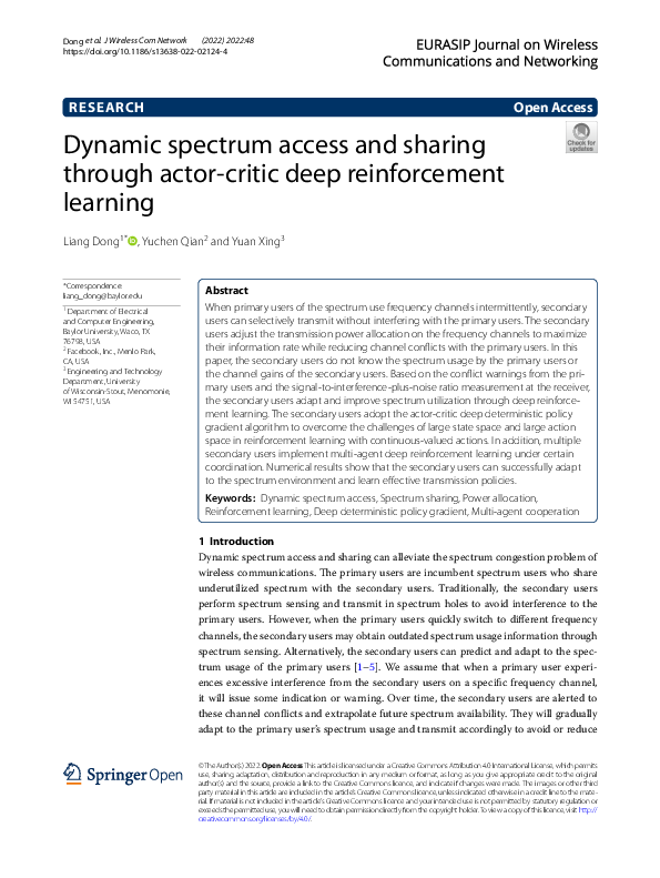Pdf Dynamic Spectrum Access And Sharing Through Actor Critic Deep Reinforcement Learning 