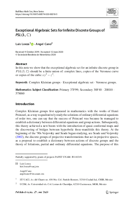 (PDF) Exceptional Algebraic Sets for Infinite Discrete Groups of $$PSL ...