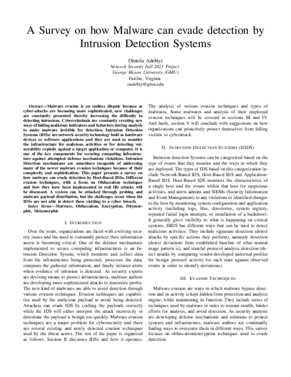 (PDF) A Survey on how Malware can evade detection by Intrusion Detection Systems