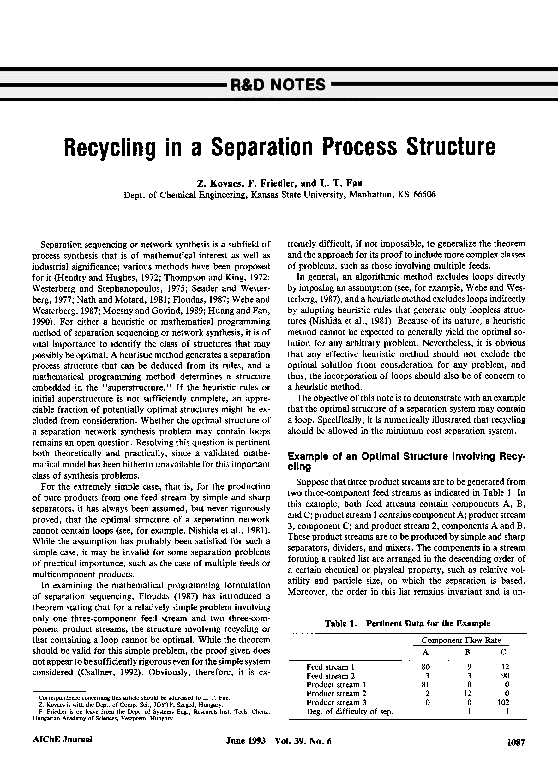 (PDF) Recycling in a separation process structure