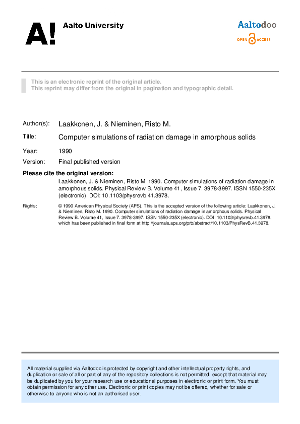 (PDF) Computer simulations of radiation damage in amorphous solids