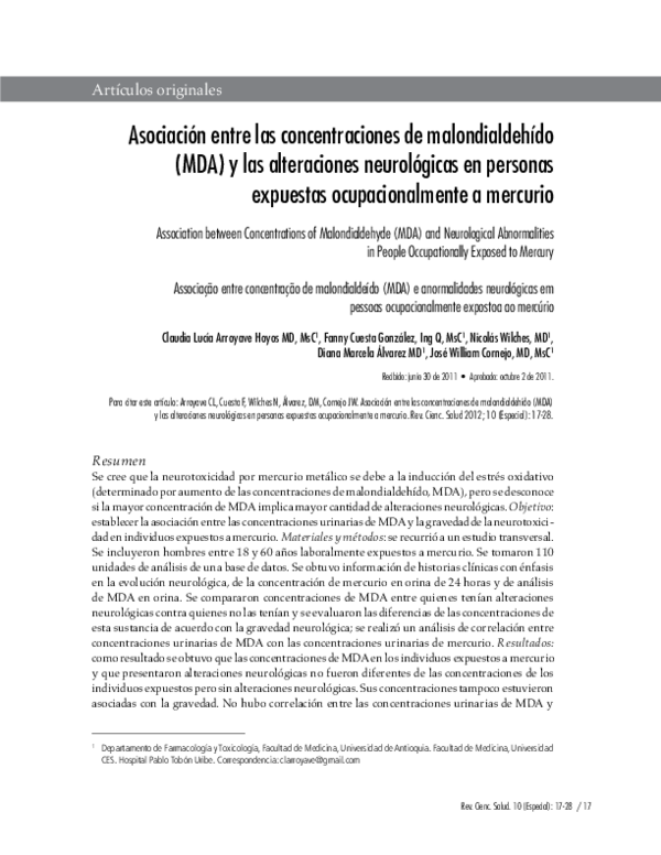 (PDF) Asociación entre las concentraciones de malondialdehído (MDA) y ...