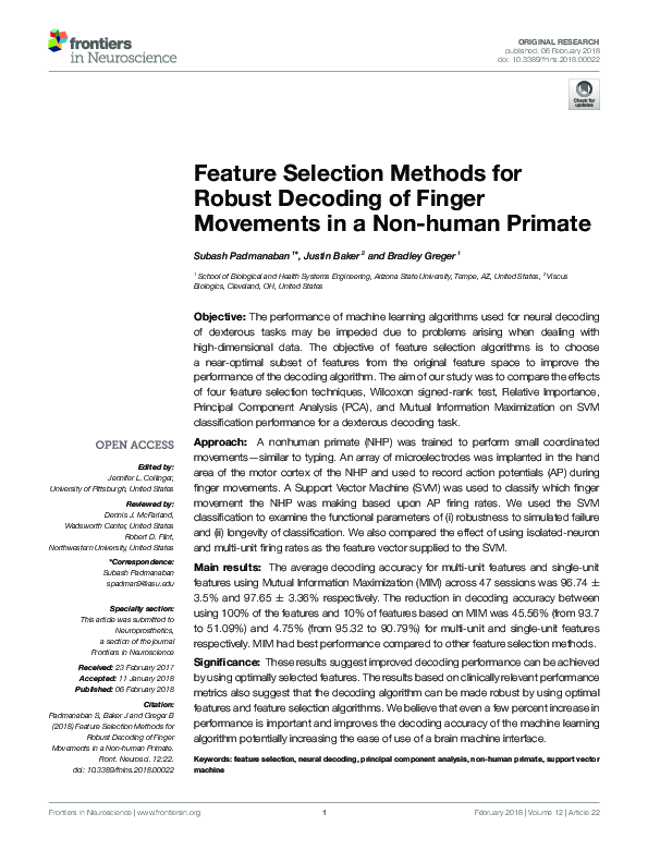 (PDF) Feature Selection Methods for Robust Decoding of Finger Movements in a Non-human Primate