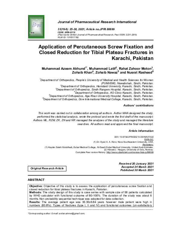 (PDF) Application of Percutaneous Screw Fixation and Closed Reduction ...
