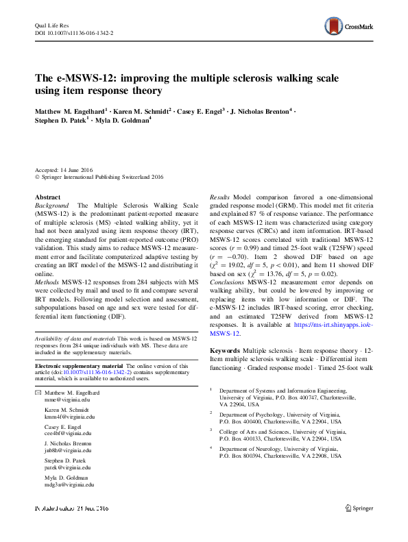 Pdf The E Msws 12 Improving The Multiple Sclerosis Walking Scale Using Item Response Theory