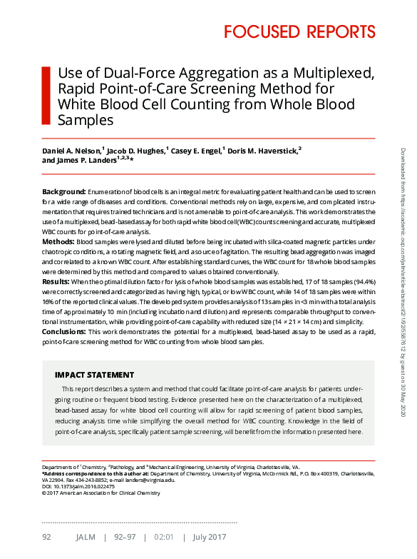 (PDF) Use of Dual-Force Aggregation as a Multiplexed, Rapid Point-of-Care Screening Method for ...