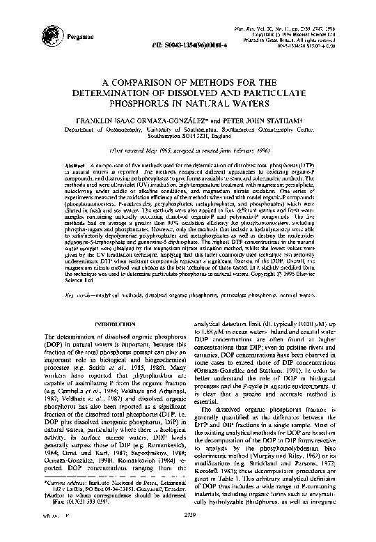 Pdf A Comparison Of Methods For The Determination Of Dissolved And Particulate Phosphorus In