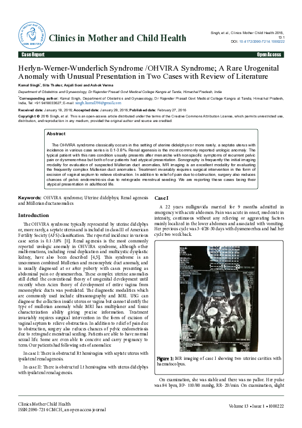 Pdf Herlyn Werner Wunderlich Syndrome Ohvira Syndrome A Rare Urogenital Anomaly With Unusual