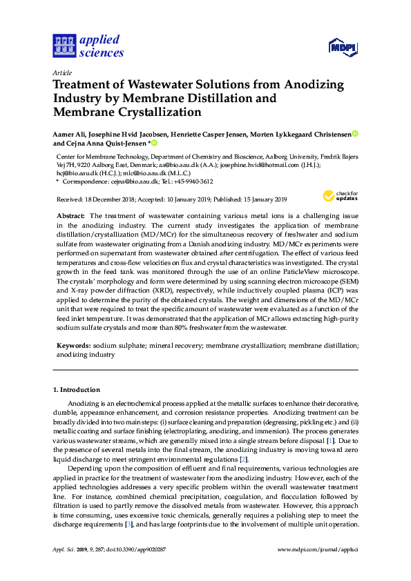 (PDF) Treatment of Wastewater Solutions from Anodizing Industry by Membrane Distillation and ...