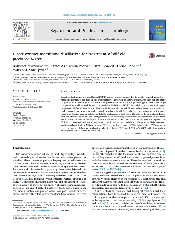(PDF) Direct contact membrane distillation for treatment of oilfield ...