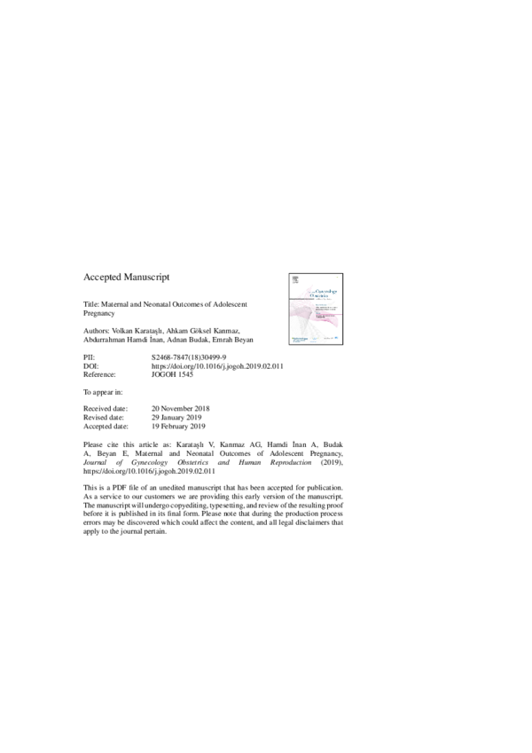 (PDF) Maternal and neonatal outcomes of adolescent pregnancy