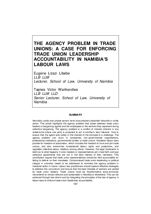 (PDF) The Agency Problem in Trade Unions: A Case for Enforcing Trade ...