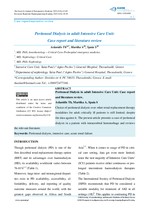 (PDF) Peritoneal Dialysis in adult Intensive Care Unit: Case report and ...