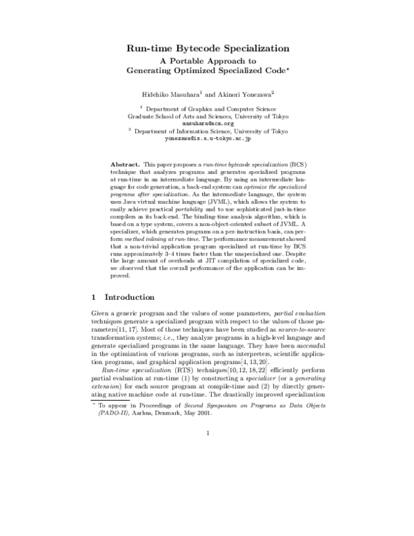 (PDF) Run-time Bytecode Specialization: A Portable Approach to ... (PDF) Run-time Bytecode Specialization: A Portable Approach to ...