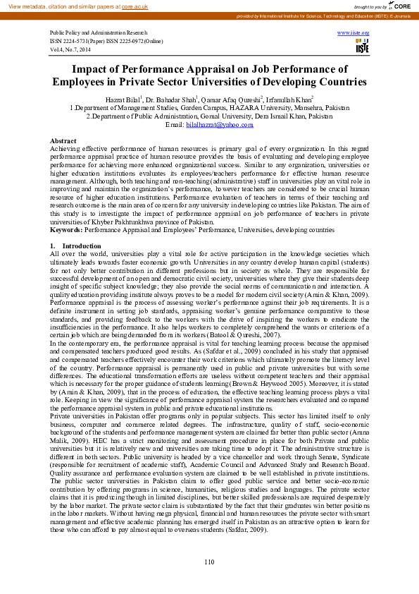 (PDF) Impact of Performance Appraisal on Job Performance of Employees ...