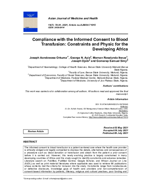 (PDF) Compliance with the Informed Consent to Blood Transfusion ...