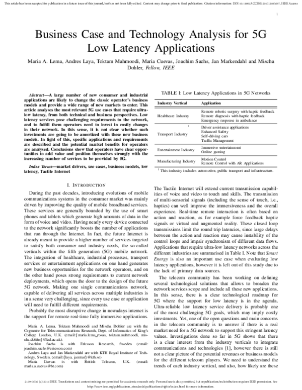 (PDF) Business Case and Technology Analysis for 5G Low Latency Applications
