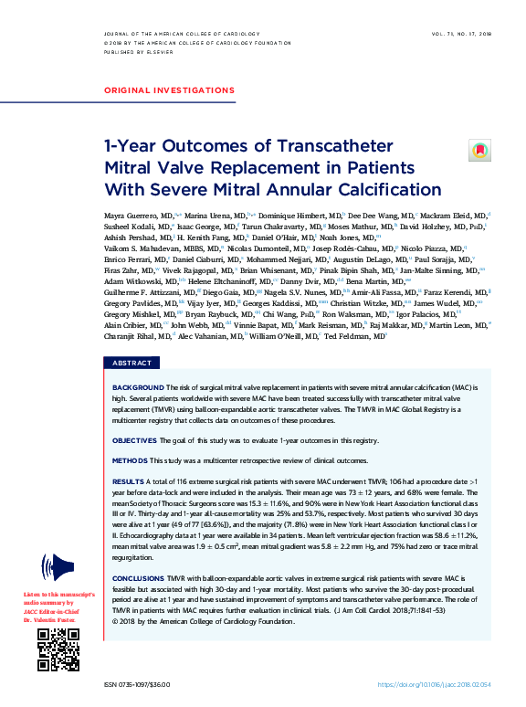 (PDF) 1-Year Outcomes of Transcatheter Mitral Valve Replacement in Patients With Severe Mitral ...