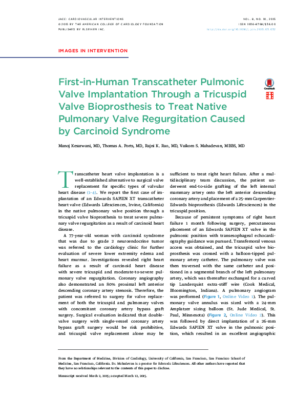 (PDF) First-in-Human Transcatheter Pulmonic Valve Implantation Through ...