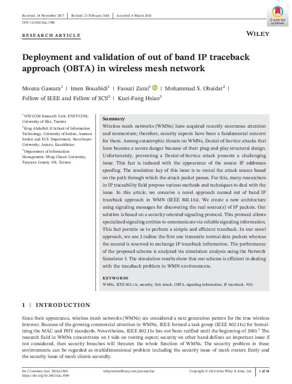 (PDF) Deployment and validation of out of band IP traceback approach (OBTA) in wireless mesh network