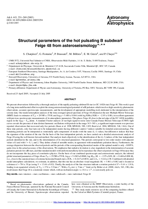 (PDF) Structural parameters of the hot pulsating B subdwarf PG 1219+534 from asteroseismology