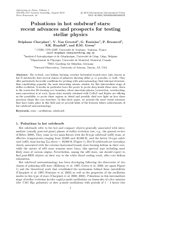 (PDF) Pulsations in hot subdwarf stars: recent advances and prospects ...