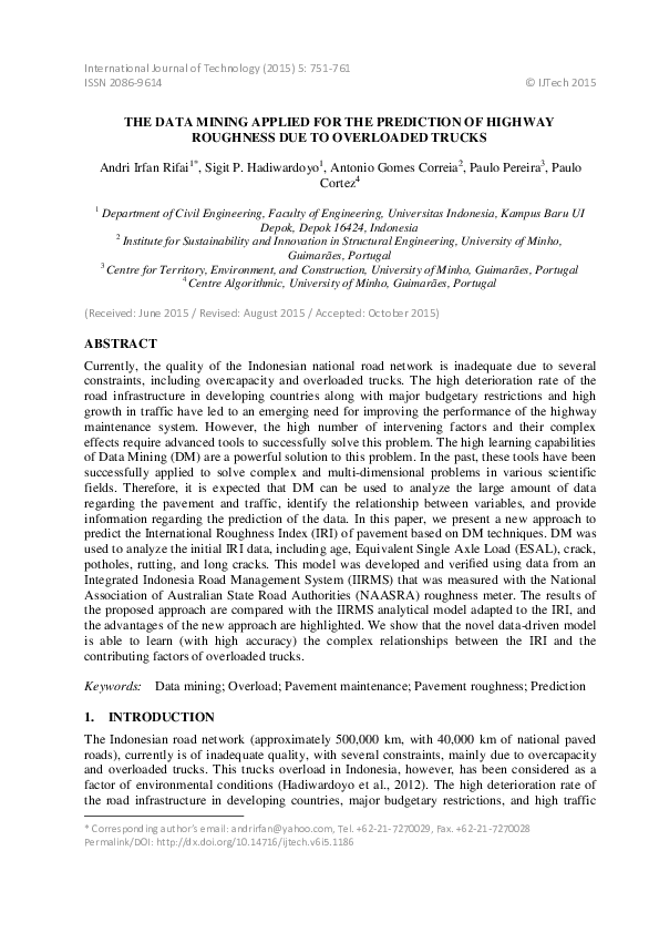 Pdf The Data Mining Applied For The Prediction Of Highway Roughness Due To Overloaded Trucks