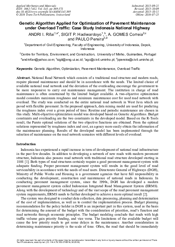 Genetic Algorithm Applied For Optimization Of Pavement Maintenance Under Overload Traffic 2477