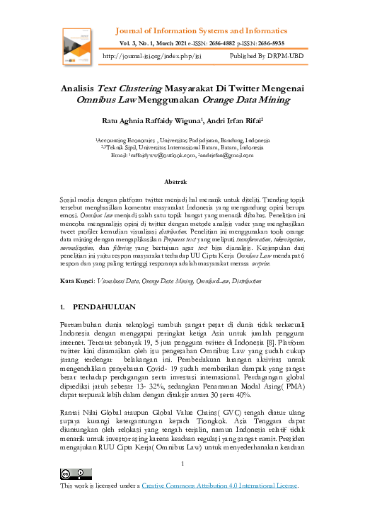 (PDF) Analisis Text Clustering Masyarakat Di Twitter Mengenai Omnibus Law Menggunakan Orange ...