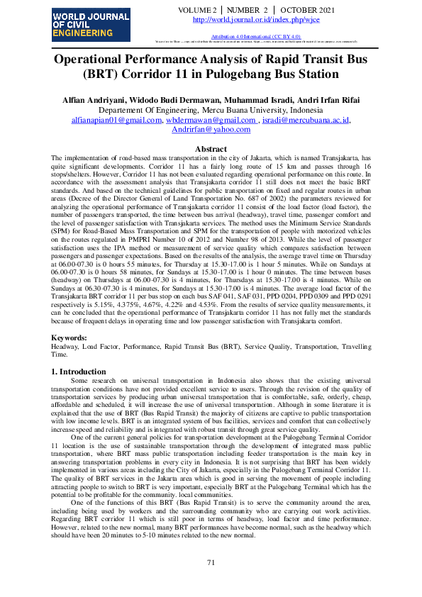Pdf Operational Performance Analysis Of Rapid Transit Bus Brt Corridor 11 In Pulogebang Bus 