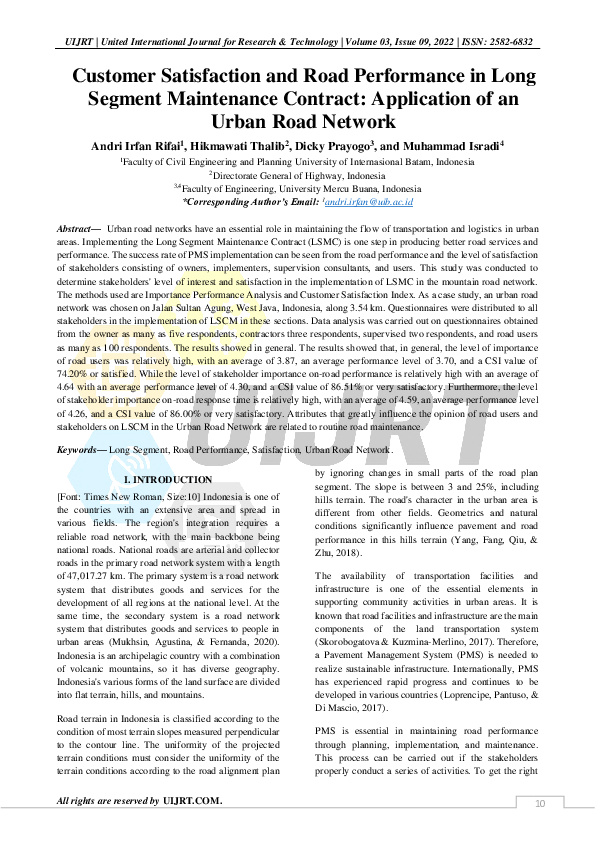 (PDF) Customer Satisfaction and Road Performance in Long Segment ...