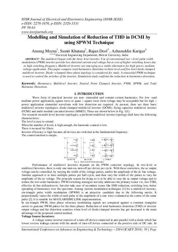 Pdf Modelling And Simulation Of Reduction Of Thd In Dcmi By Using Spwm Technique