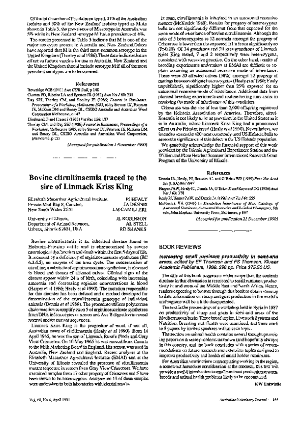 (PDF) Bovine citrullinaemia traced to the sire of Linmack Kriss King