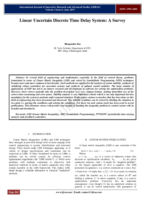 (PDF) Linear Uncertain Discrete Time Delay System : A Survey