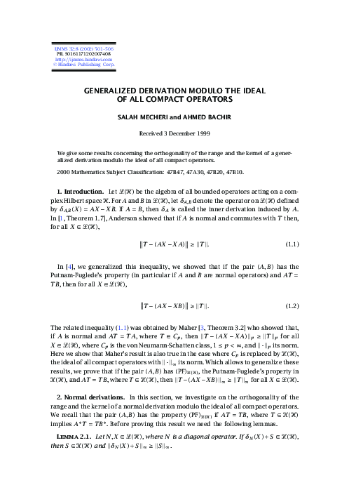 (PDF) Generalized derivation modulo the ideal of all compact operators