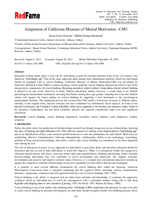 (PDF) Adaptation of California Measure of Mental Motivation –CM3